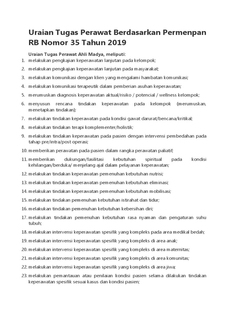 Uraian Tugas Perawat Berdasarkan Permenpan RB Nomor 35 Tahun 2019 | PDF