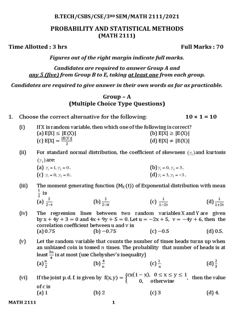 Probability and Statistical Methods (Math 2111) | PDF