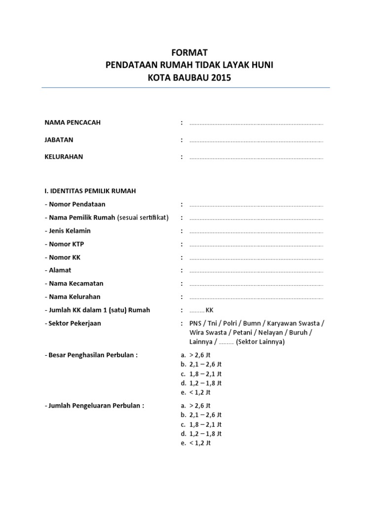 Format Pendataan Rumah Tidak Layak Huni | PDF
