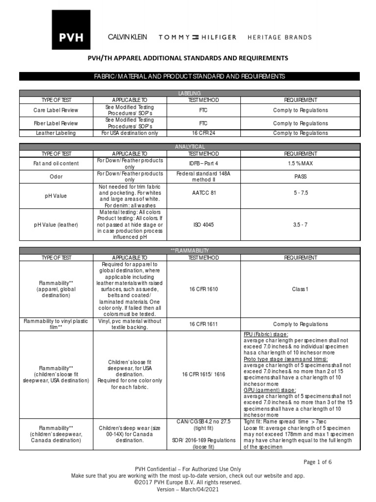 PVH TH Apparel Additional Standards and Requirements v8 210304 01 | PDF ...