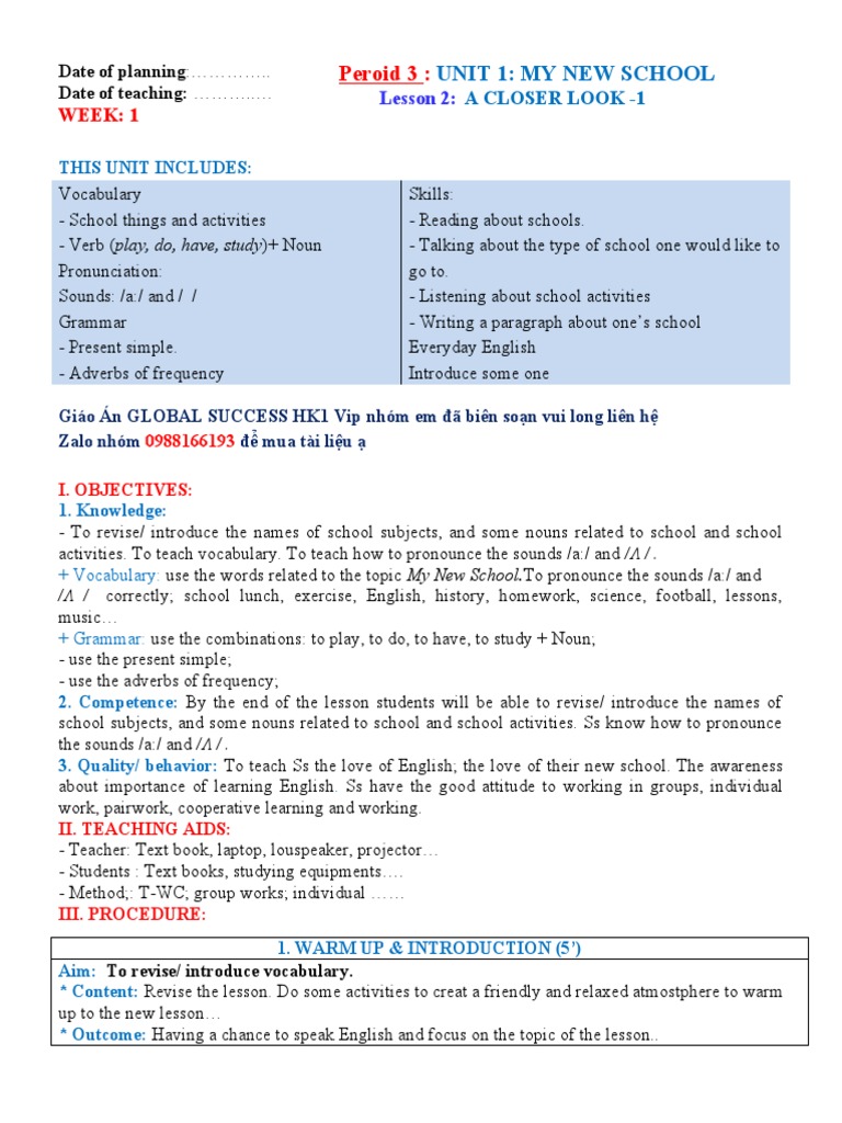 Lesson Plan: My New School Unit 1 | PDF | English Language | Vocabulary