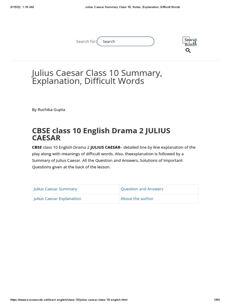 Julius Caesar Summary Class 10, Notes, Explanation, Difficult Words ...