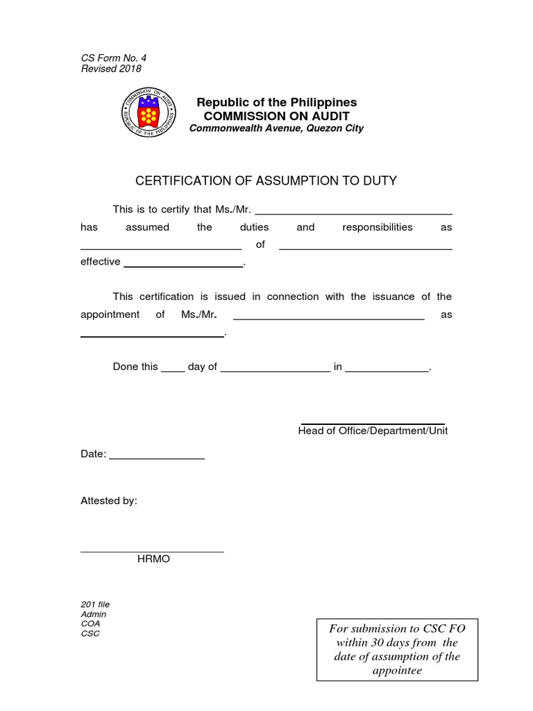Certification of Assumption To Duty CS Form No. 4 Revised 2018 | PDF