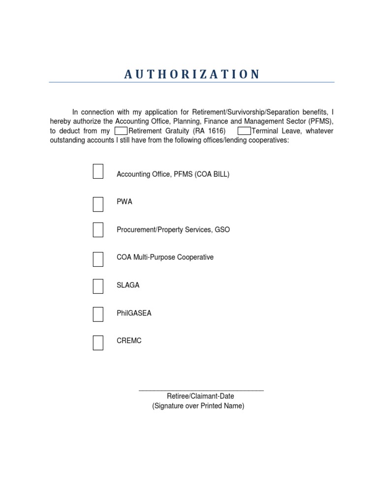 Authorization To Deduct From Retirement GratuityTerminal Leave | PDF ...