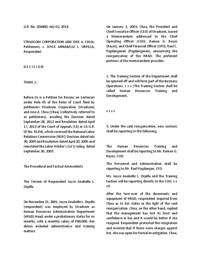STRADCOM CORPORATION AND JOSE A. CHUA vs. JOYCE ANNABELLE L. ORPILLA ...