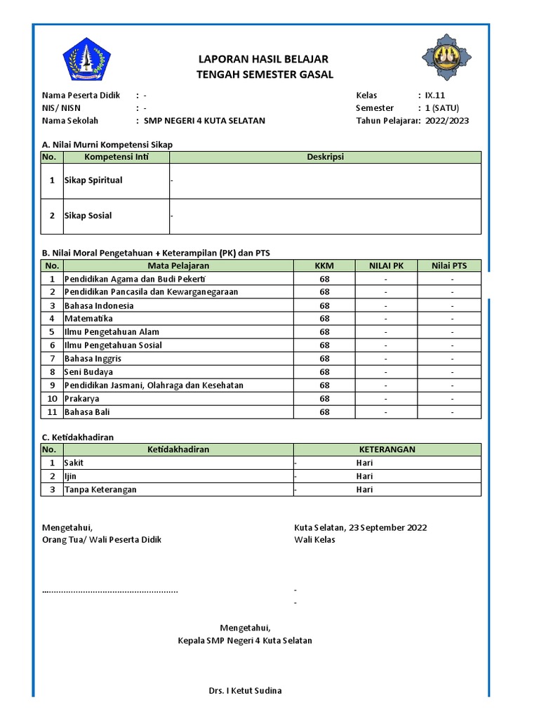 Form Rapor Pts Kelas 9 | PDF