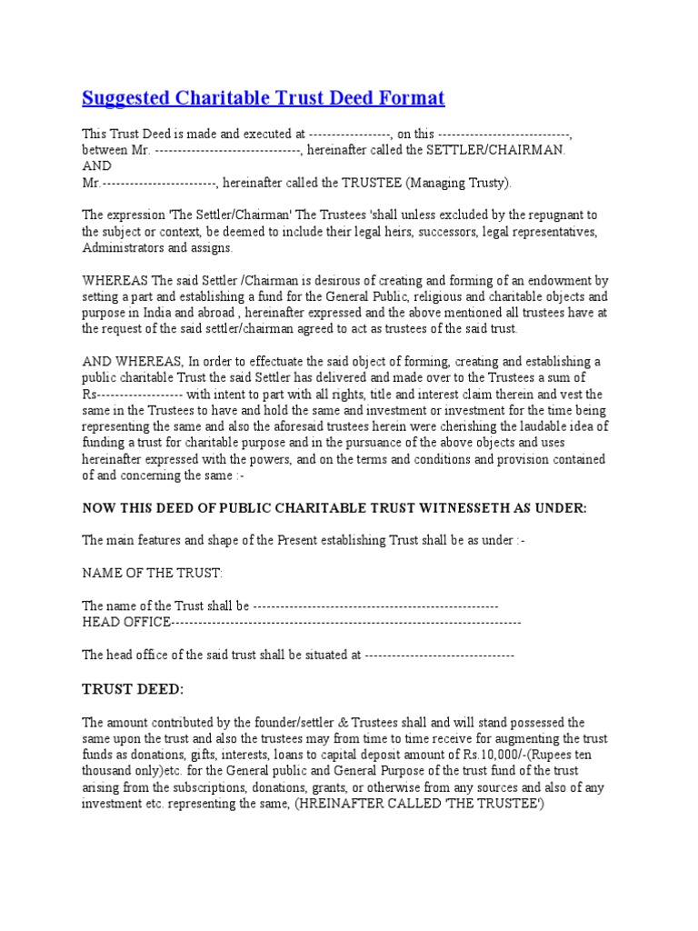 Charitable Trust Deed Format Guide | PDF | Law