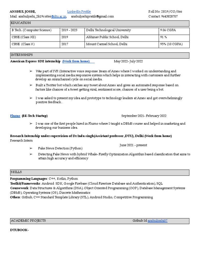 ANSHUL JOSHI 18217501 202207210715 Resume | PDF