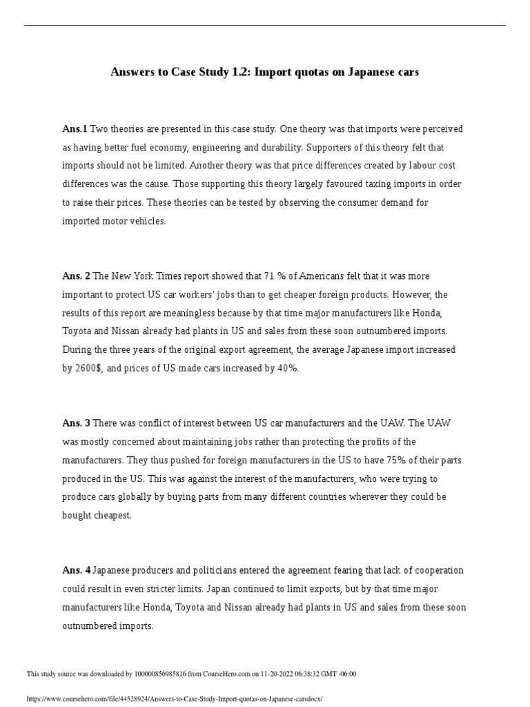 Answers To Case Study Import Quotas On Japanese Cars | Download Free ...