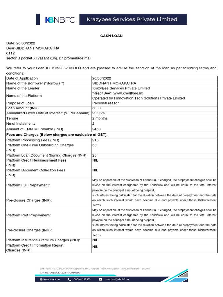 KB220820BICLQ - Sanction Letter | PDF | Loans | Interest