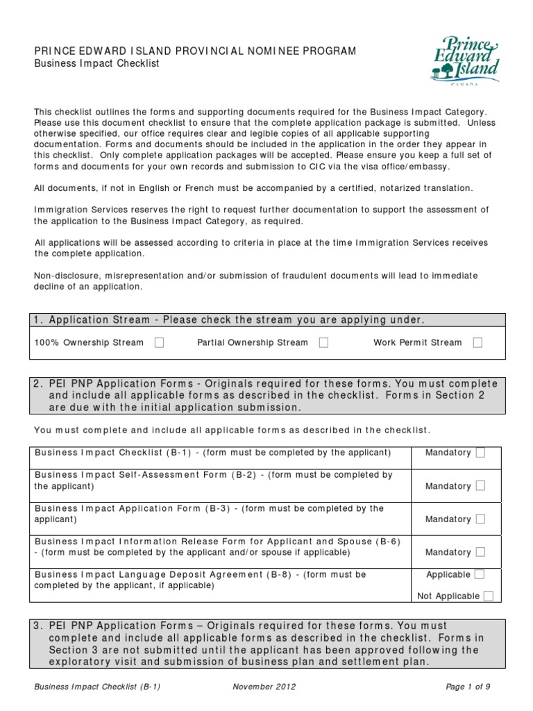 PEI Provincial Nominee Program - Business Impact Checklist | PDF