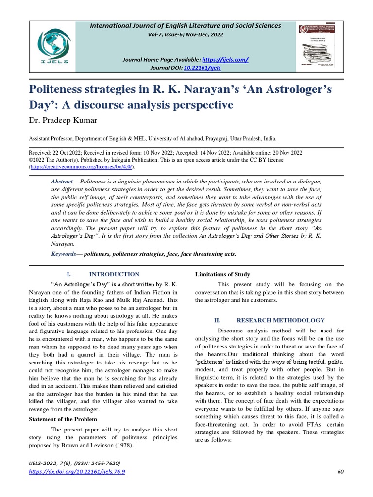 Politeness Strategies in R. K. Narayan's An Astrologer's Day': A Discourse Analysis Perspective ...