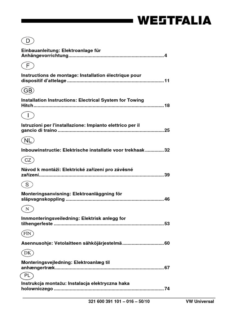 Einbauanleitung E-Satz AHK Westfalia Deutsch | PDF