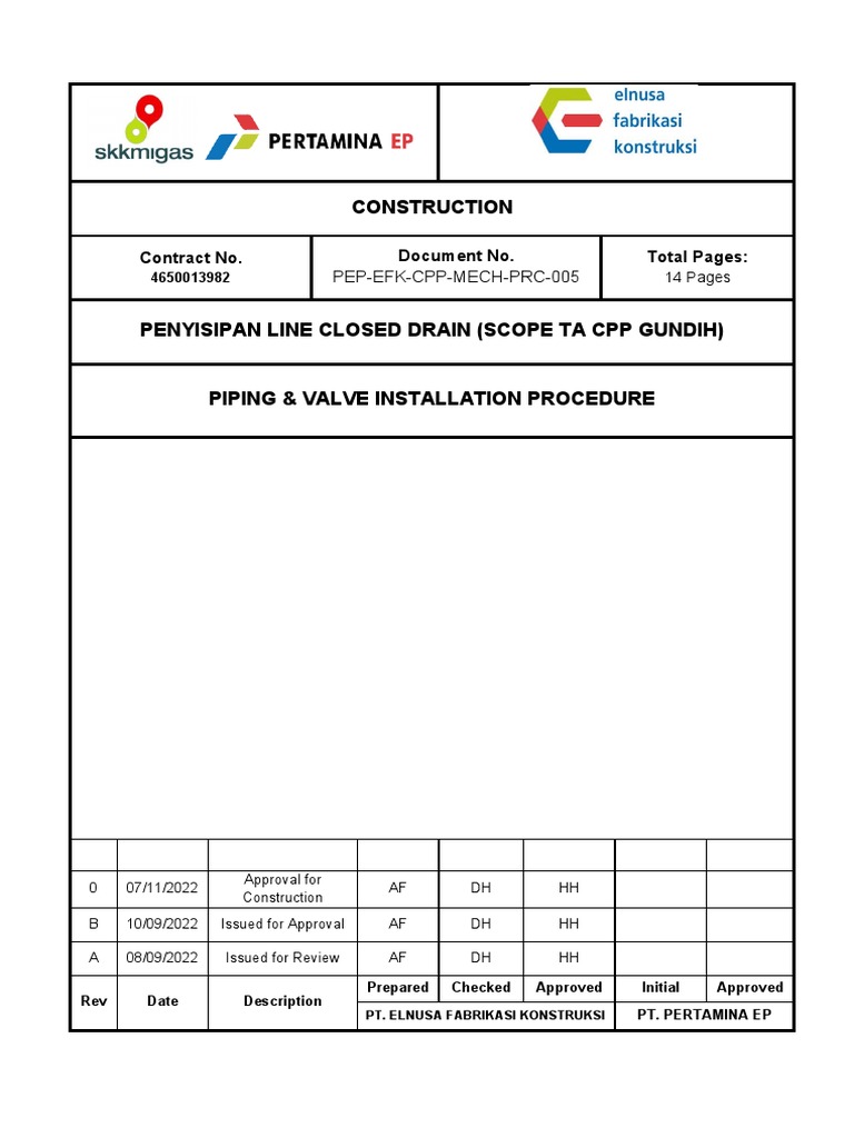 PEP EFK CPP MECH PRC 005 Piping & Valve Installation Procedure Rev. 0 | PDF
