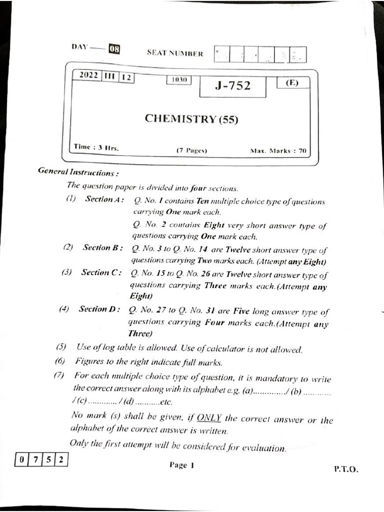 Chemistry Board Exams Paper 2022 | PDF