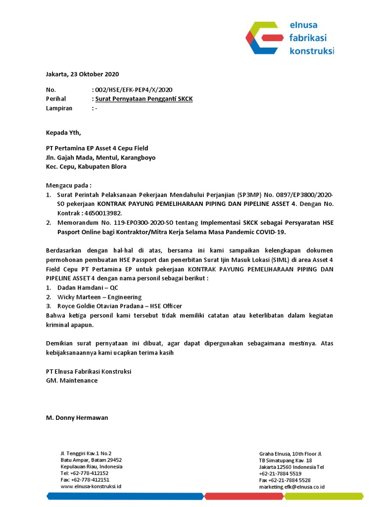 Surat Pernyataan Pengganti SKCK PT EFK | PDF