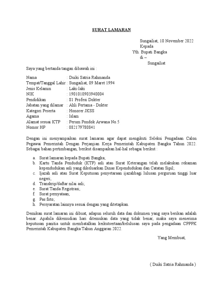 Surat Lamaran, Pernyataan, Kinerja Baik CPPPK 2022 | PDF