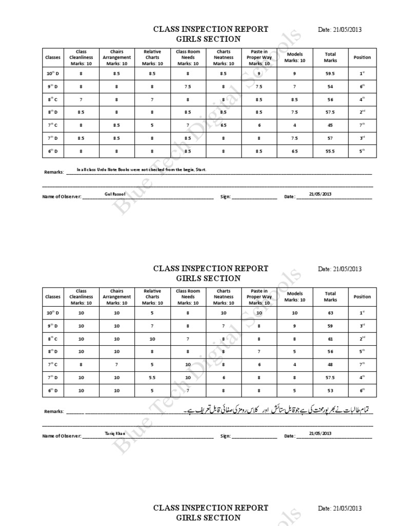 Class Inspection Summary Report | PDF