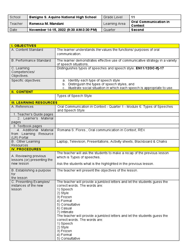 Speech Style Pdf Learning Teachers