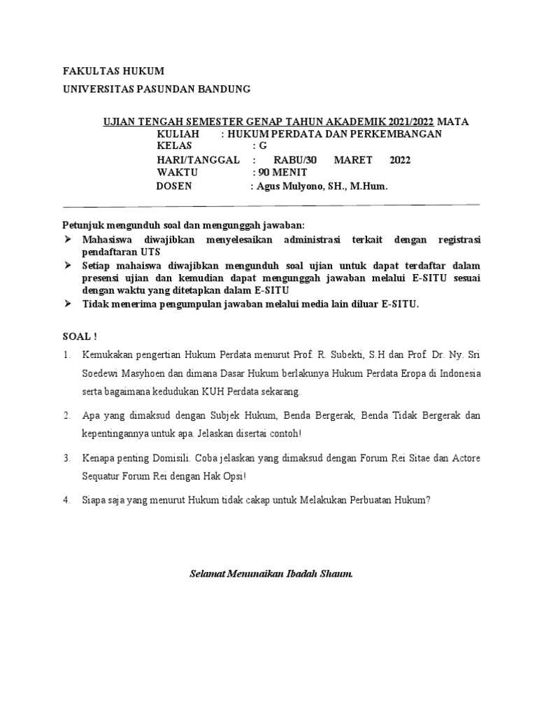 UTS Hukum Perdata Unpas 2022 | PDF