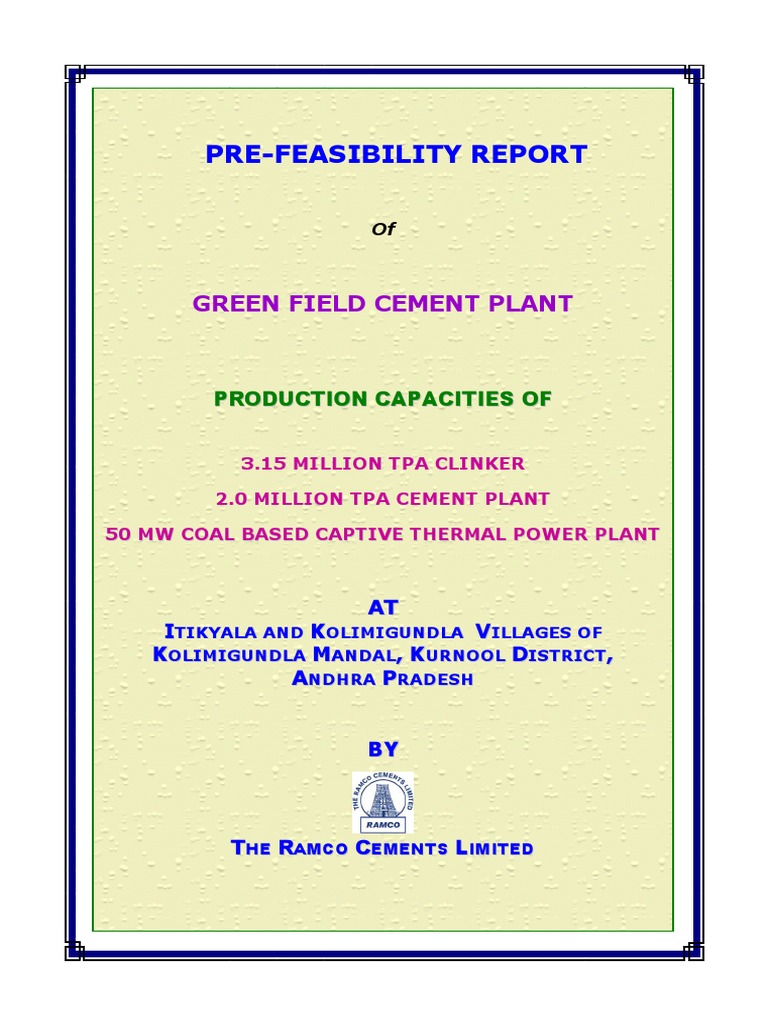 Pre-Feasibility Report Green Field Cement Plant | PDF