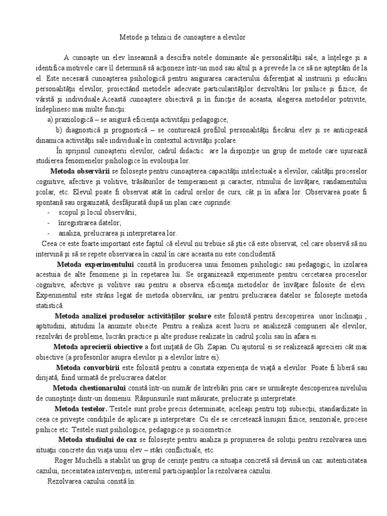 Metode Si Tehnici de Cunoastere A Elevilor | PDF