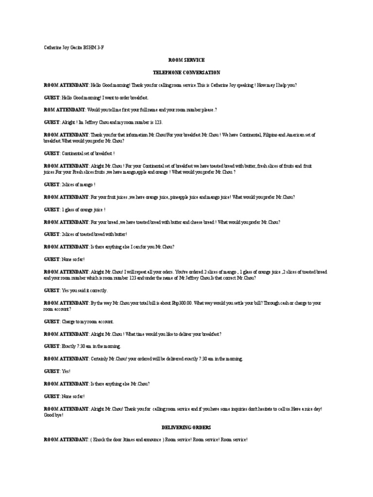 Room Service Script Pdf Food And Drink 