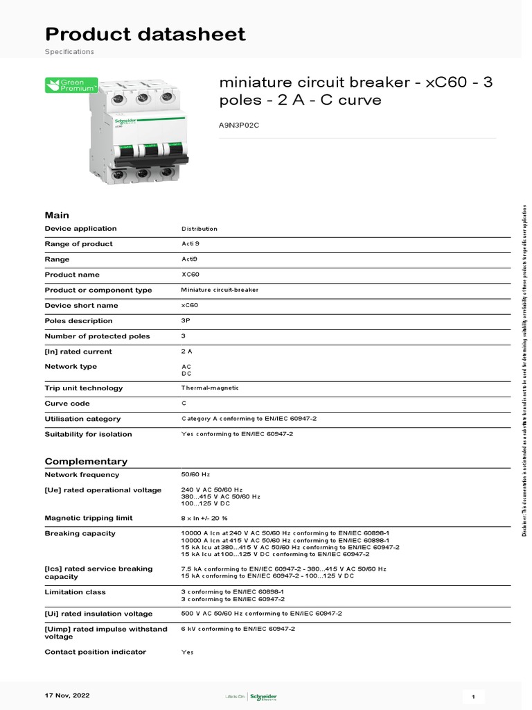 Miniature Circuit Breaker - Acti 9 xC60 MCBs - A9N3P02C | PDF | Alternating Current | Equipment