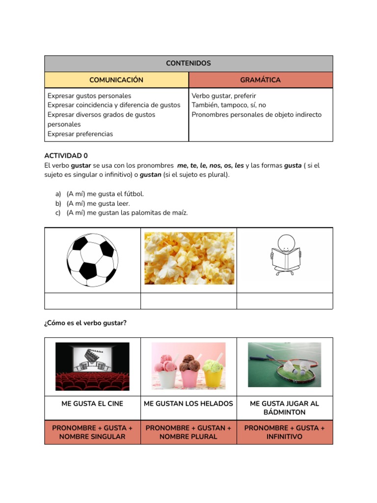 GUSTOS PREFERENCIAS Ejercicios | PDF | Asunto (gramática) | Plural