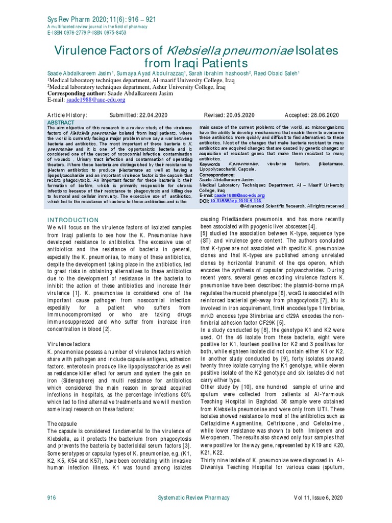 Virulence Factors of Klebsiella Pneumoniae Isolates From Iraqi Patients ...