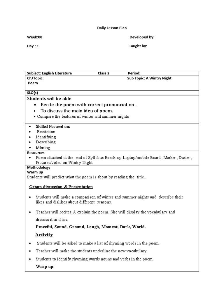 Wintry Night Poetry Lesson Plan | PDF