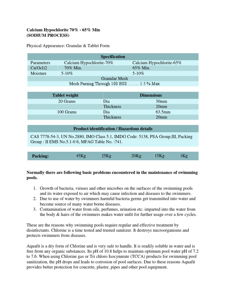 Calcium Hypochlorite | PDF | Disinfectant | Sewage Treatment