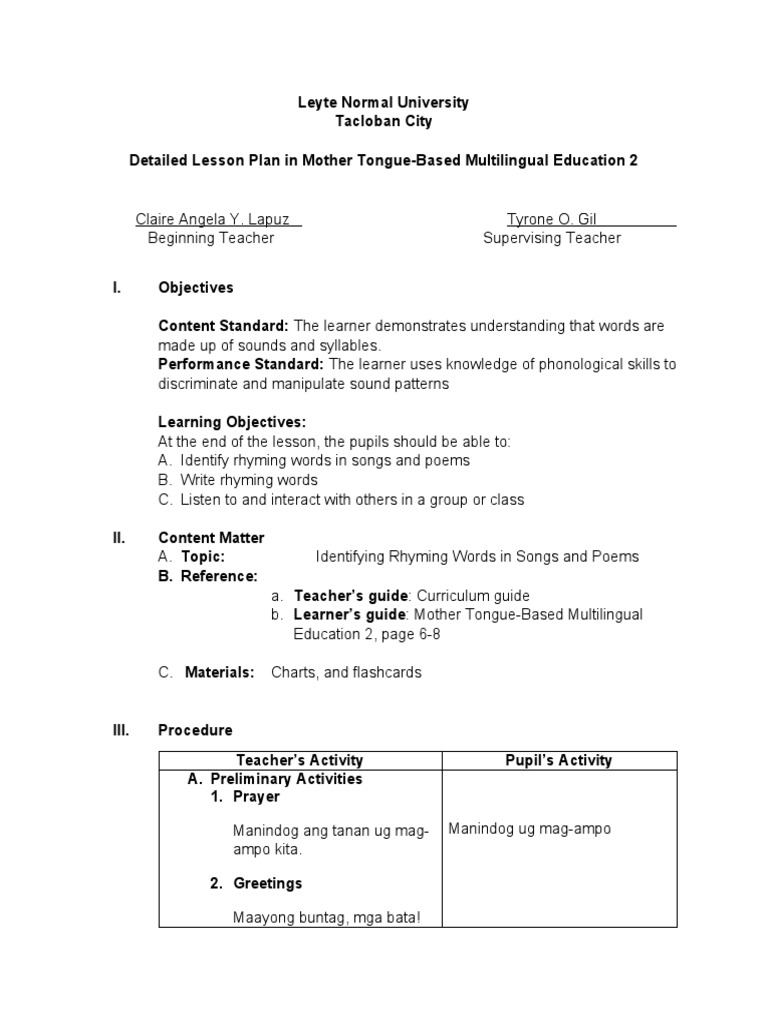 Detailed Lesson Plan in MTB-MLE 2 Claire La (Uz | PDF