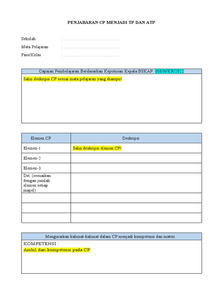 Format Penjabaran CP Menjadi TP Dan ATP | PDF | Karier & Perkembangan