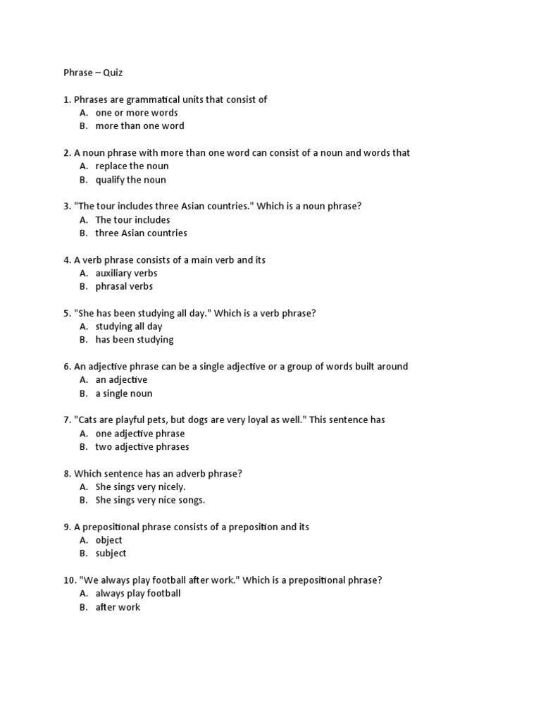 Phrase Quiz | PDF | Language Arts & Discipline | Foreign Language Studies