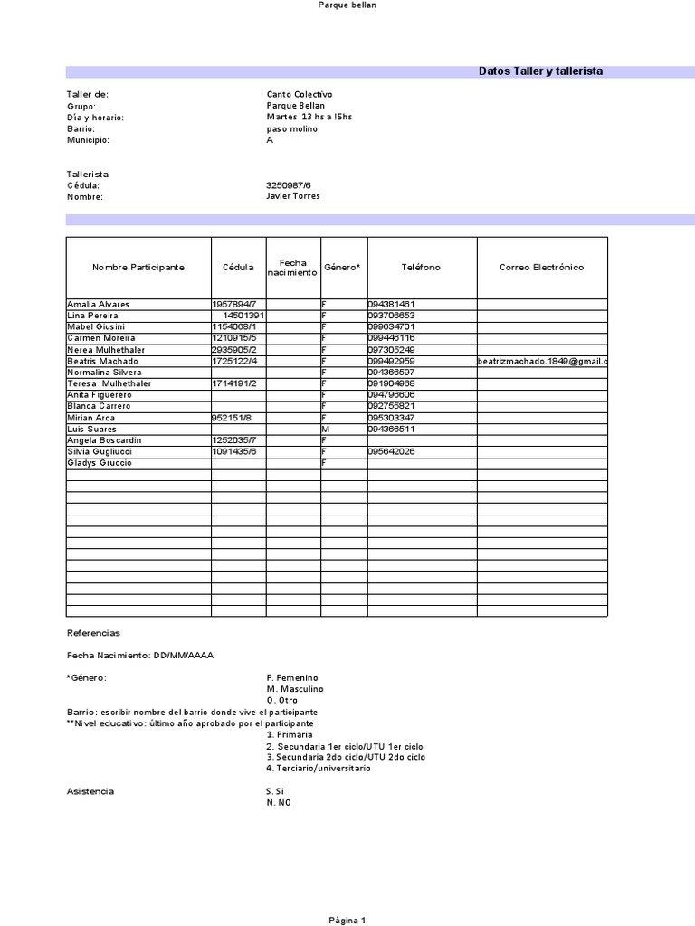 TUMP - Parque Bellan Control de Asistencia | PDF