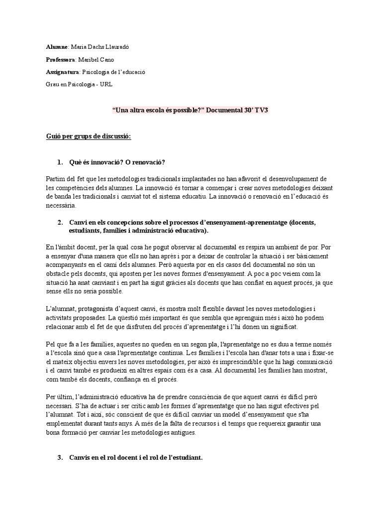 "Una Altra Escola" Documental Tv3 | PDF