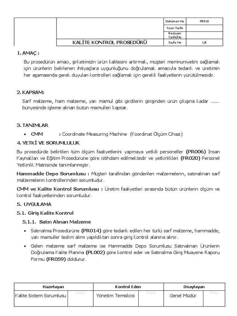 PR018-Kalite Kontrol Prosedürü | PDF
