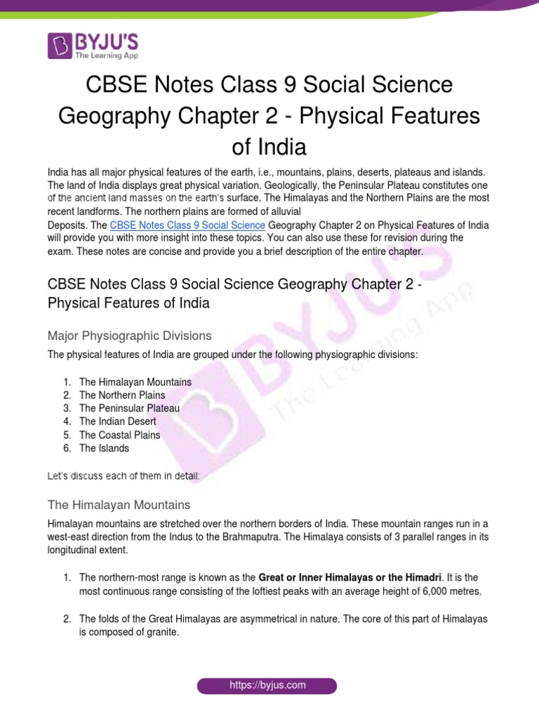 CBSE Notes Class 9 Social Science Geography Chapter 2 Physical Features ...