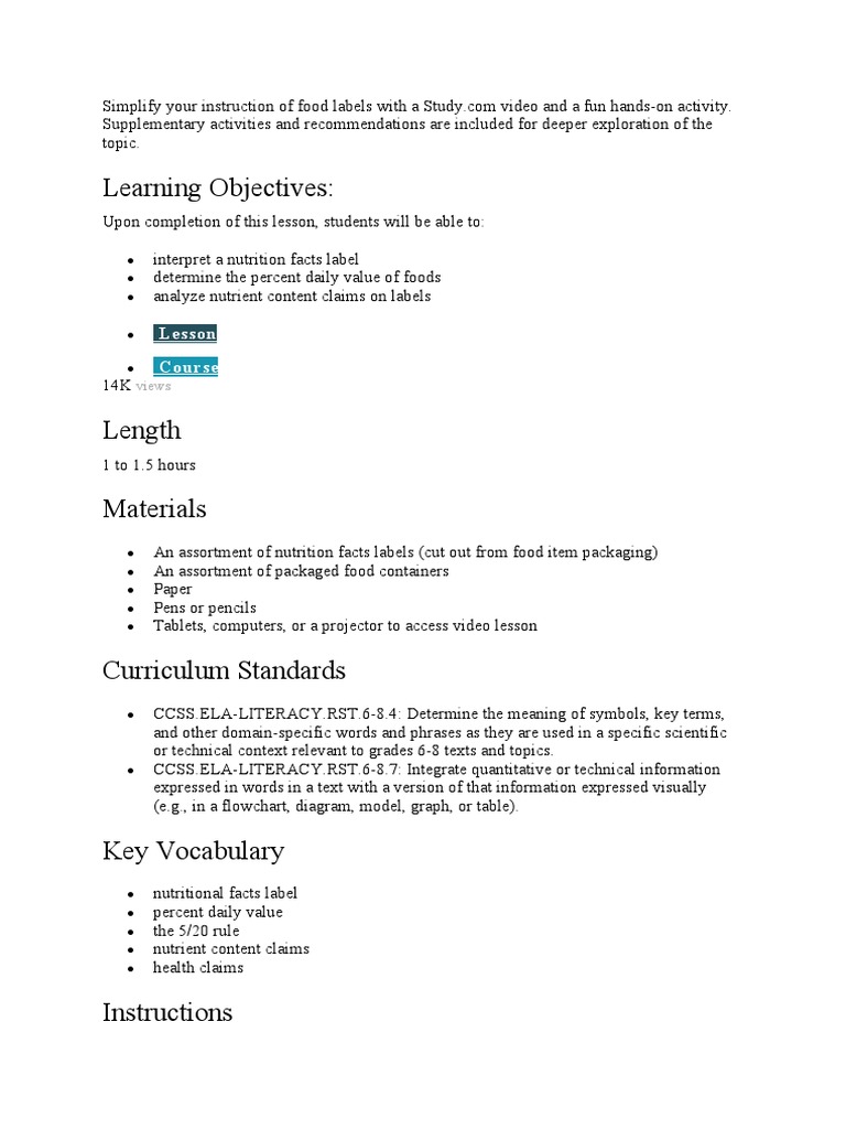 Reading Food Labels Lesson Plan | PDF