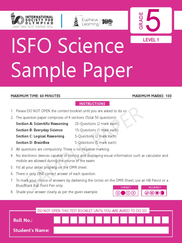 Grade 5 Level 1 ISFO Science Sample Paper: Instructions and Questions ...