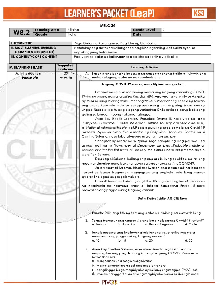 LeaP Filipino G7 Week 8.2 Q3 | PDF