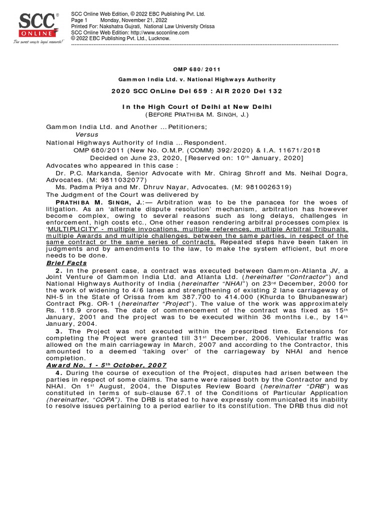 Gammon India Ltd. v. NHAI Arbitration Case | PDF