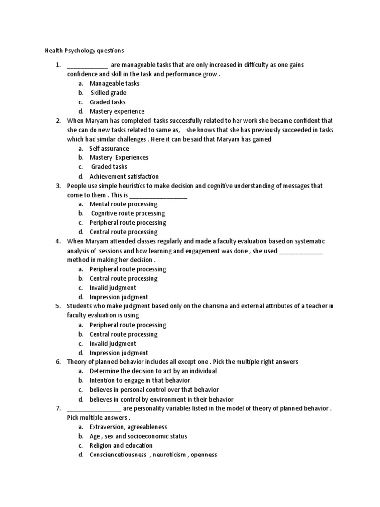 Week 12 Health Psychology Questions | PDF