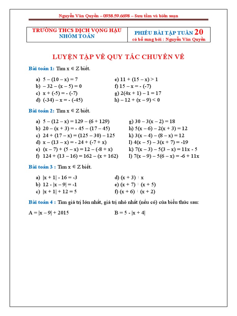 Toan 6 - Tuan 20 - Luyen Tap Ve So Nguyen | PDF