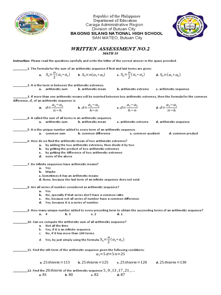 Math 10 2ND Assessment - Q1 | PDF | Sequence | Numbers