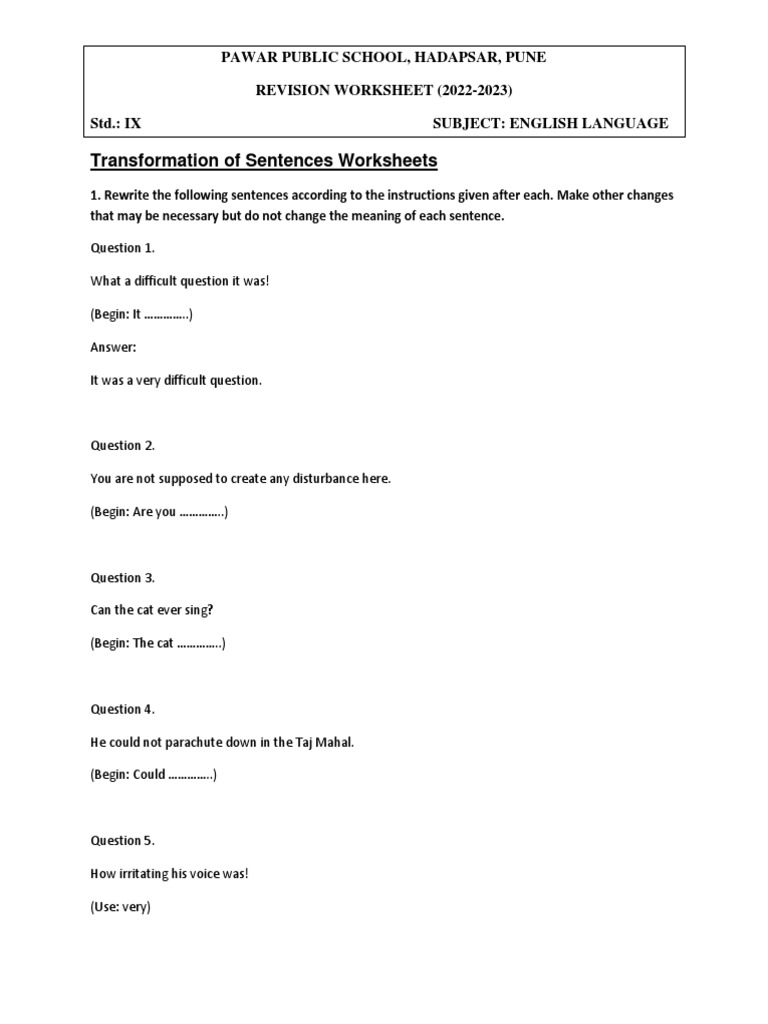 Transformation of Sentences Worksheets | PDF