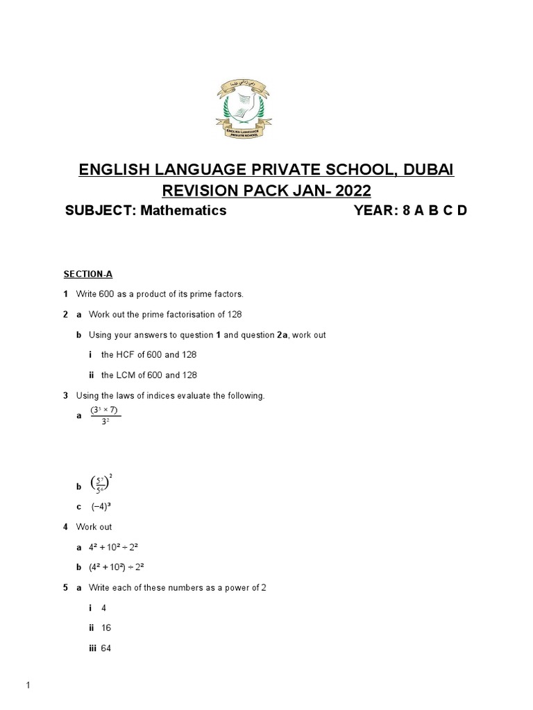 Y8 Maths Revision Pack Mya 2022 | PDF | Teaching Methods & Materials ...