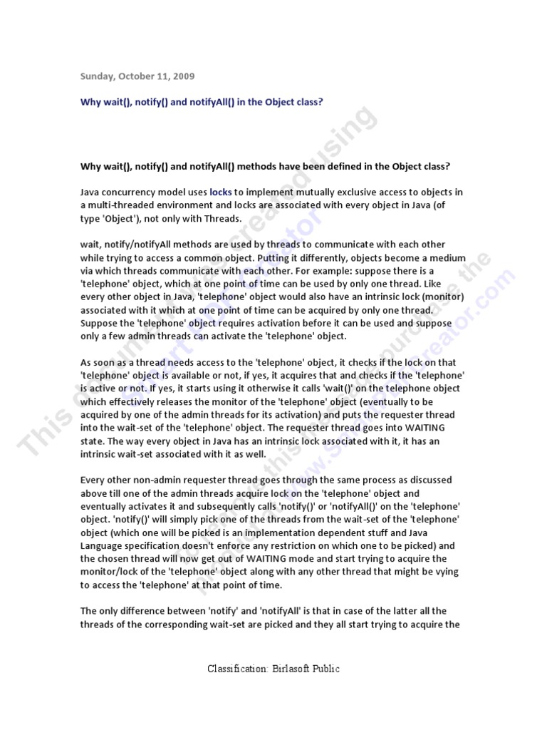 Why Wait Notify and NotifyAll in The Object Class | PDF | Thread (Computing) | Java (Programming ...