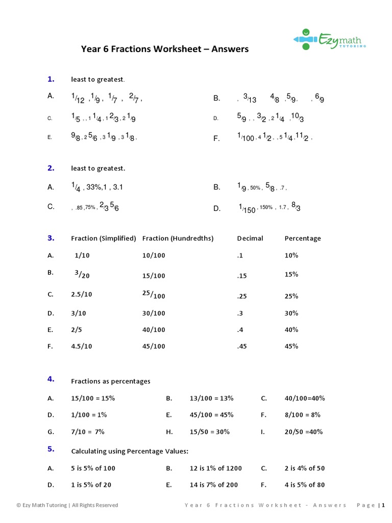 Year 6 Fractions Worksheet - ANSWERS | PDF | Numbers | Notation